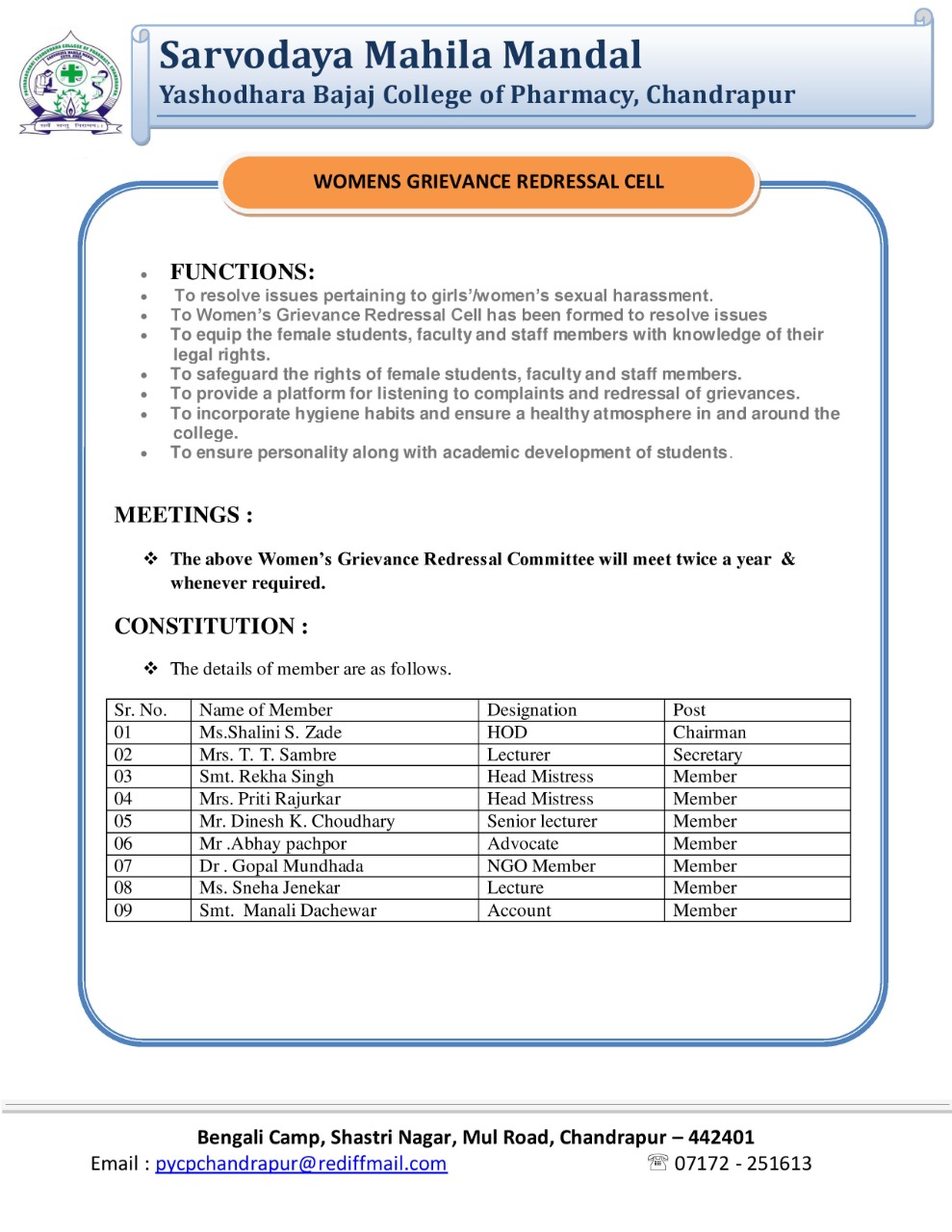 Woman’s Grievance Redressal Committee – Priyadarshani Yashodhara ...